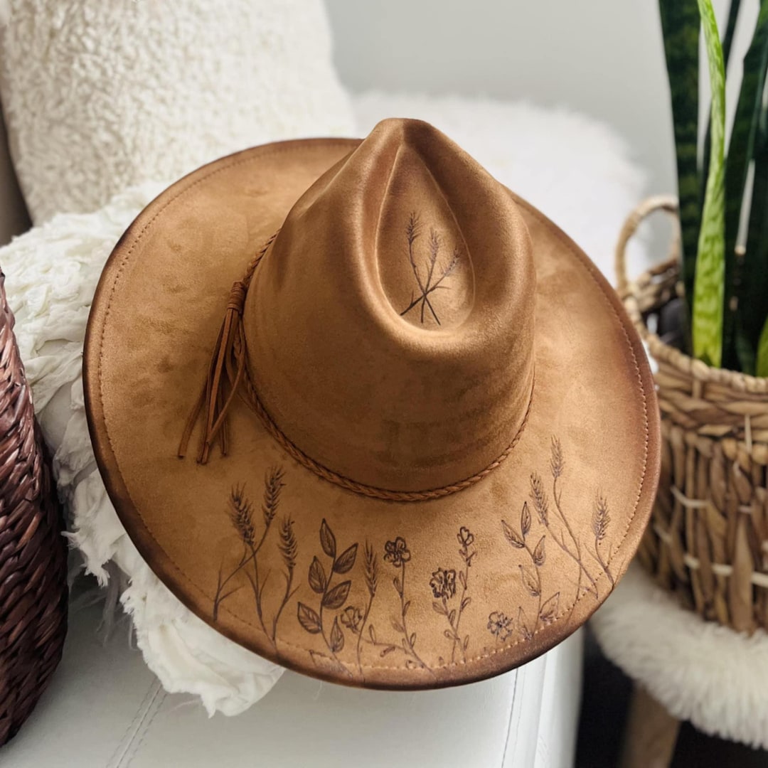 Hand Burned Wheatgrass and Floral Design Hat | Western Cowgirl Suede ...