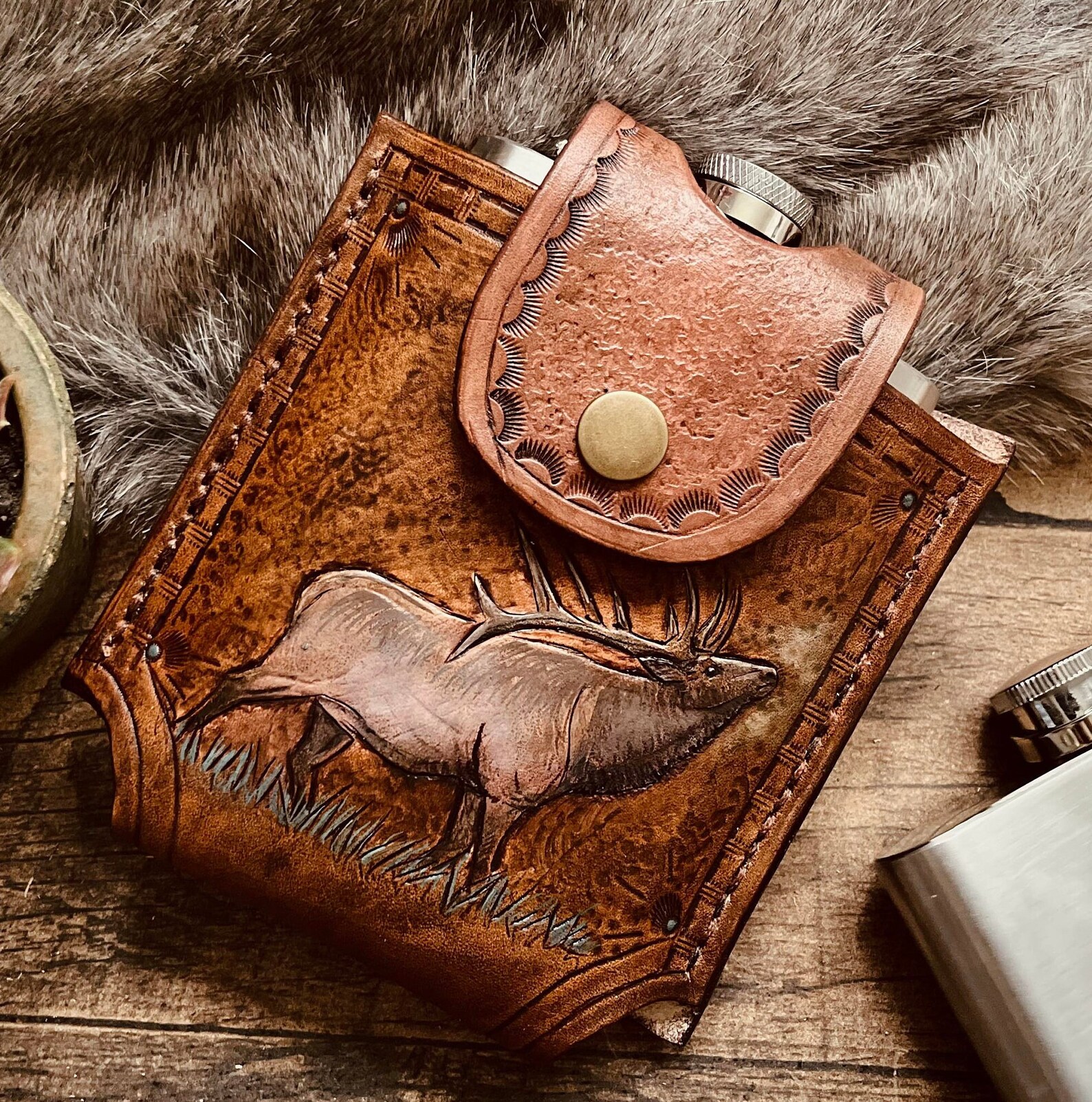 Custom Flask Holder Western Leather Tooled and Painted Personalized ...