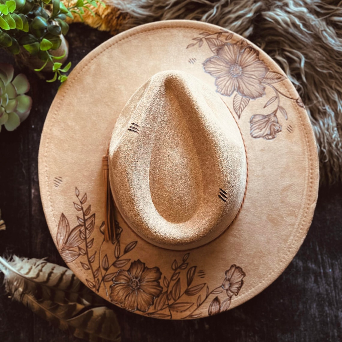 Wide Brim Hat With Pyrography Burned Floral Design - Etsy Canada