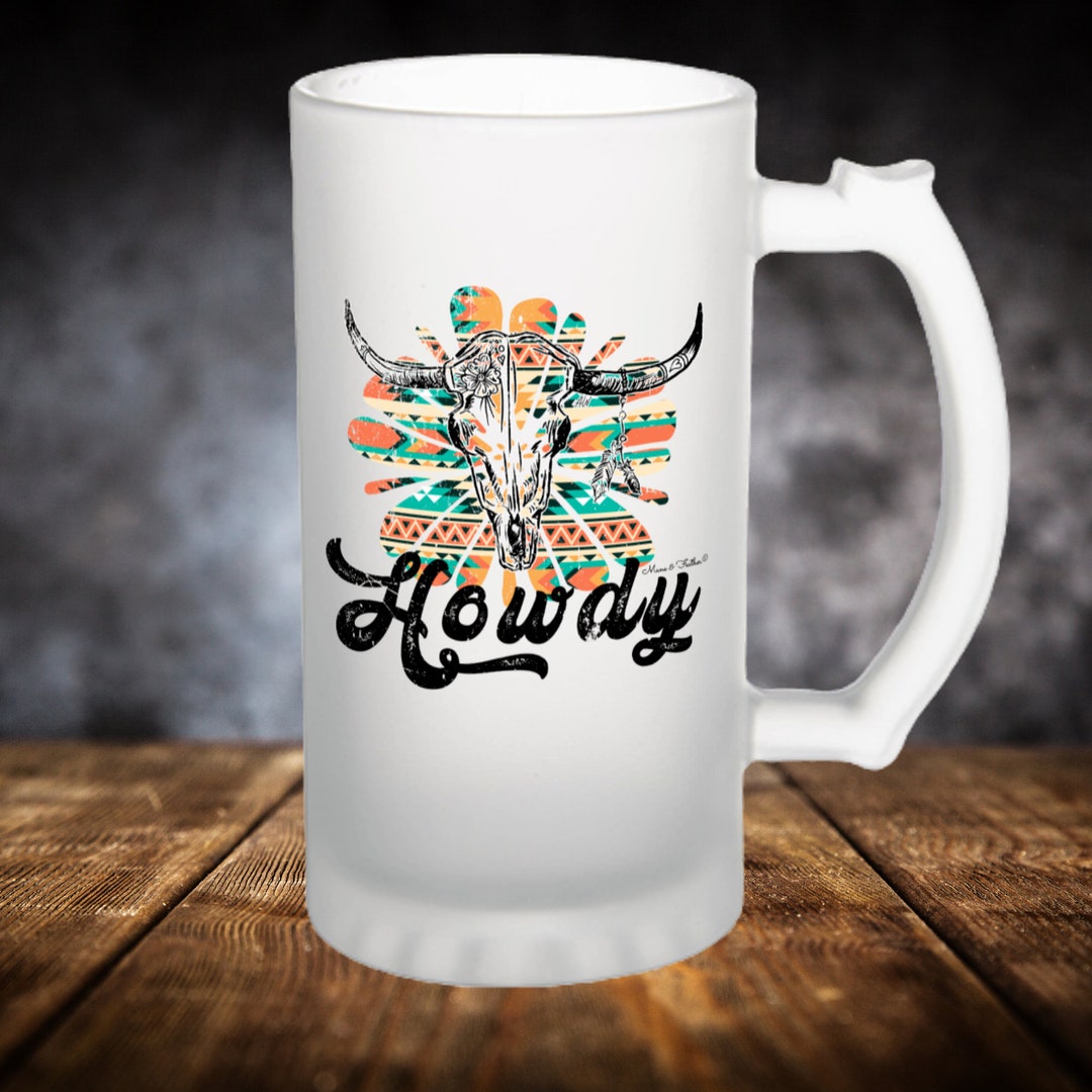 Frosted Mug With Howdy Cow Skull Design - Country Western Beer Stein ...