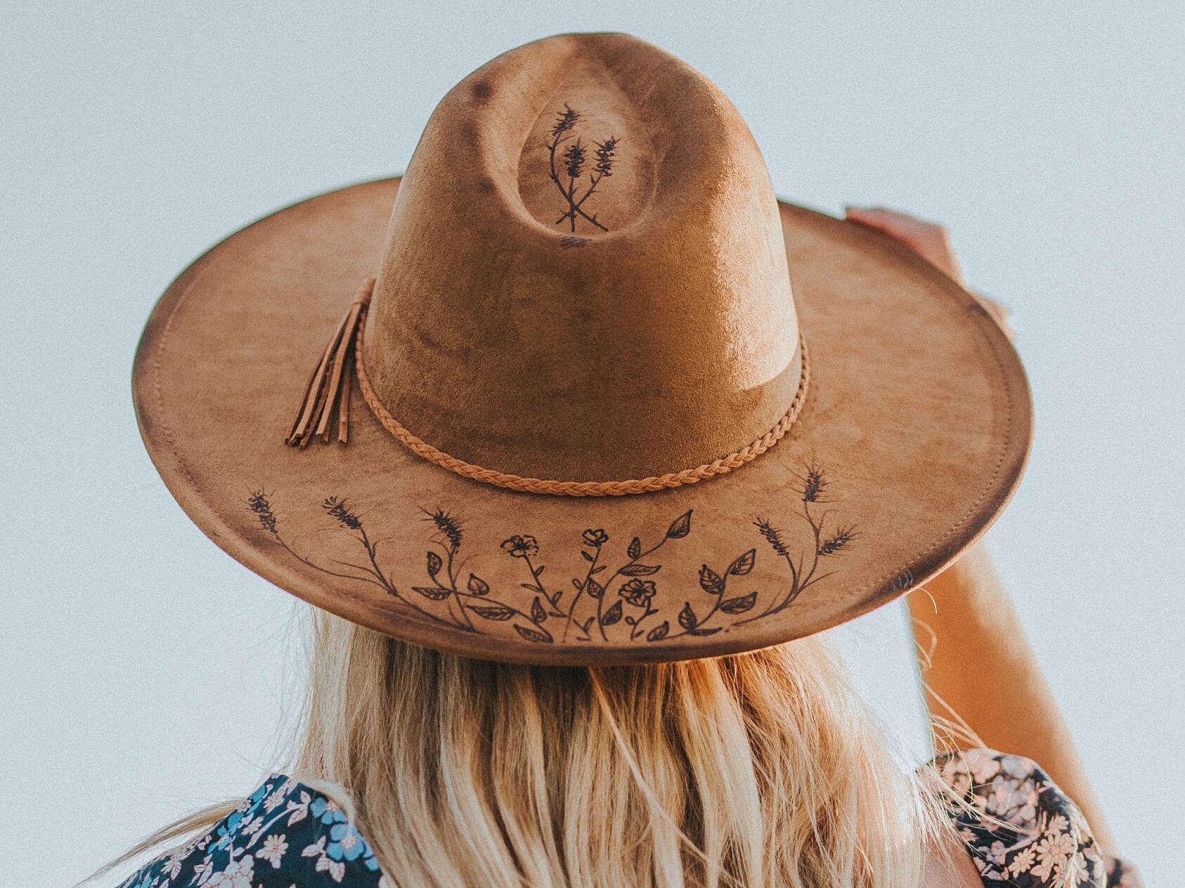 Hand Burned Wheatgrass and Floral Design Hat | Western Cowgirl Suede ...