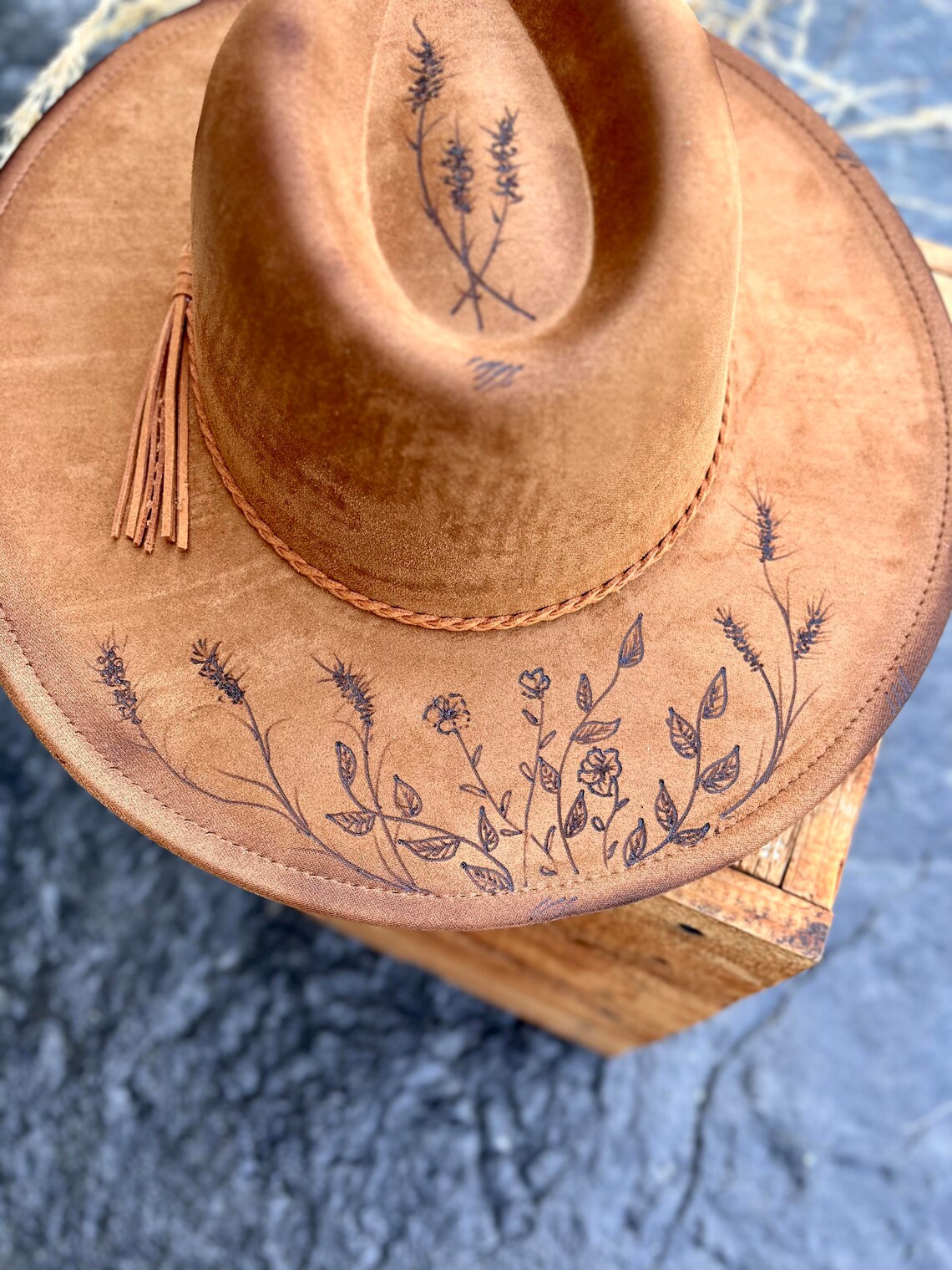 Wide Brim Hat With Pyrography Burned Floral and Wheatgrass - Etsy Canada