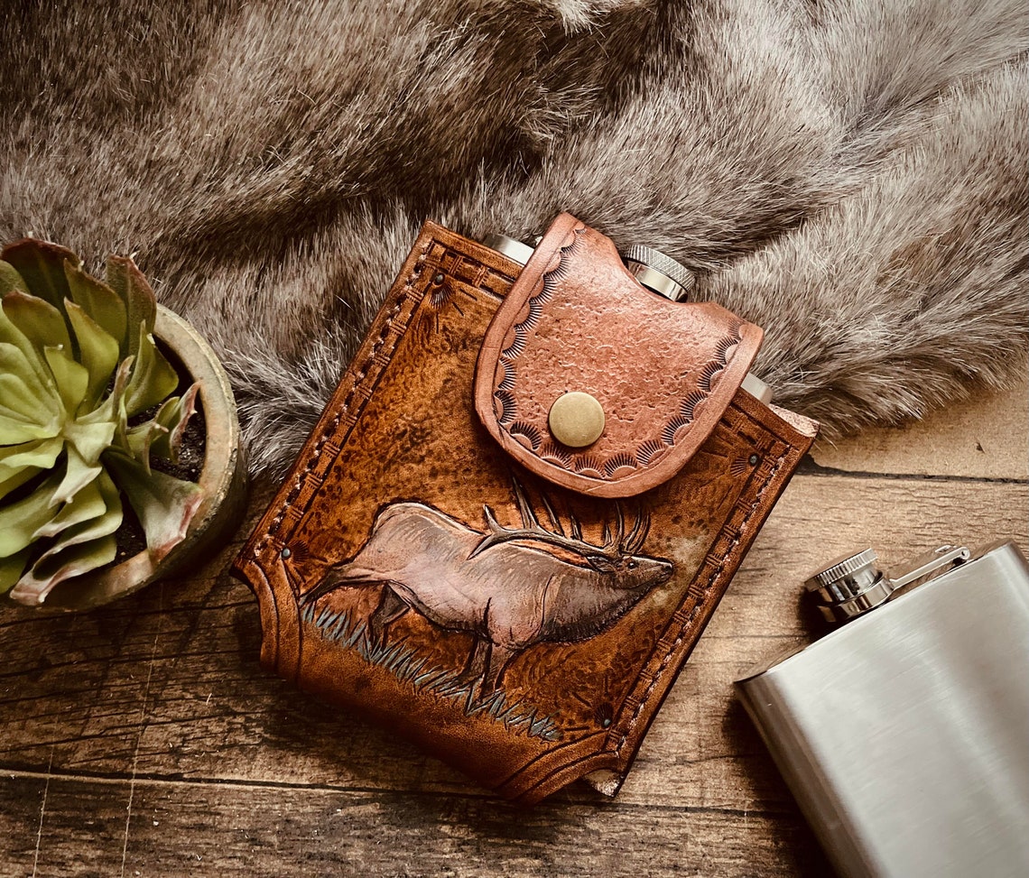 Custom Flask Holder Western Leather Tooled and Painted Personalized ...