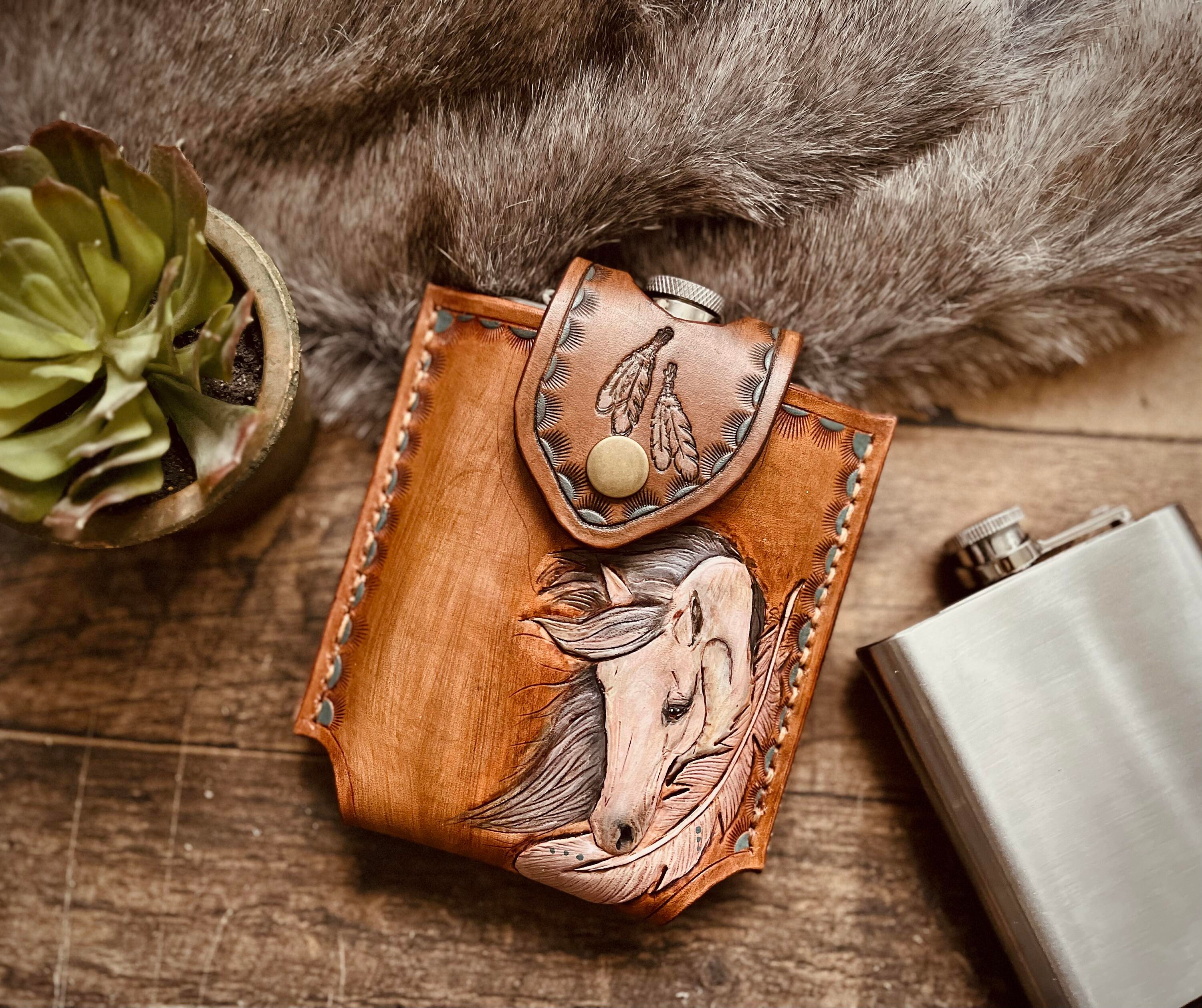 Custom Flask Holder Western Leather Tooled and Painted Personalized ...