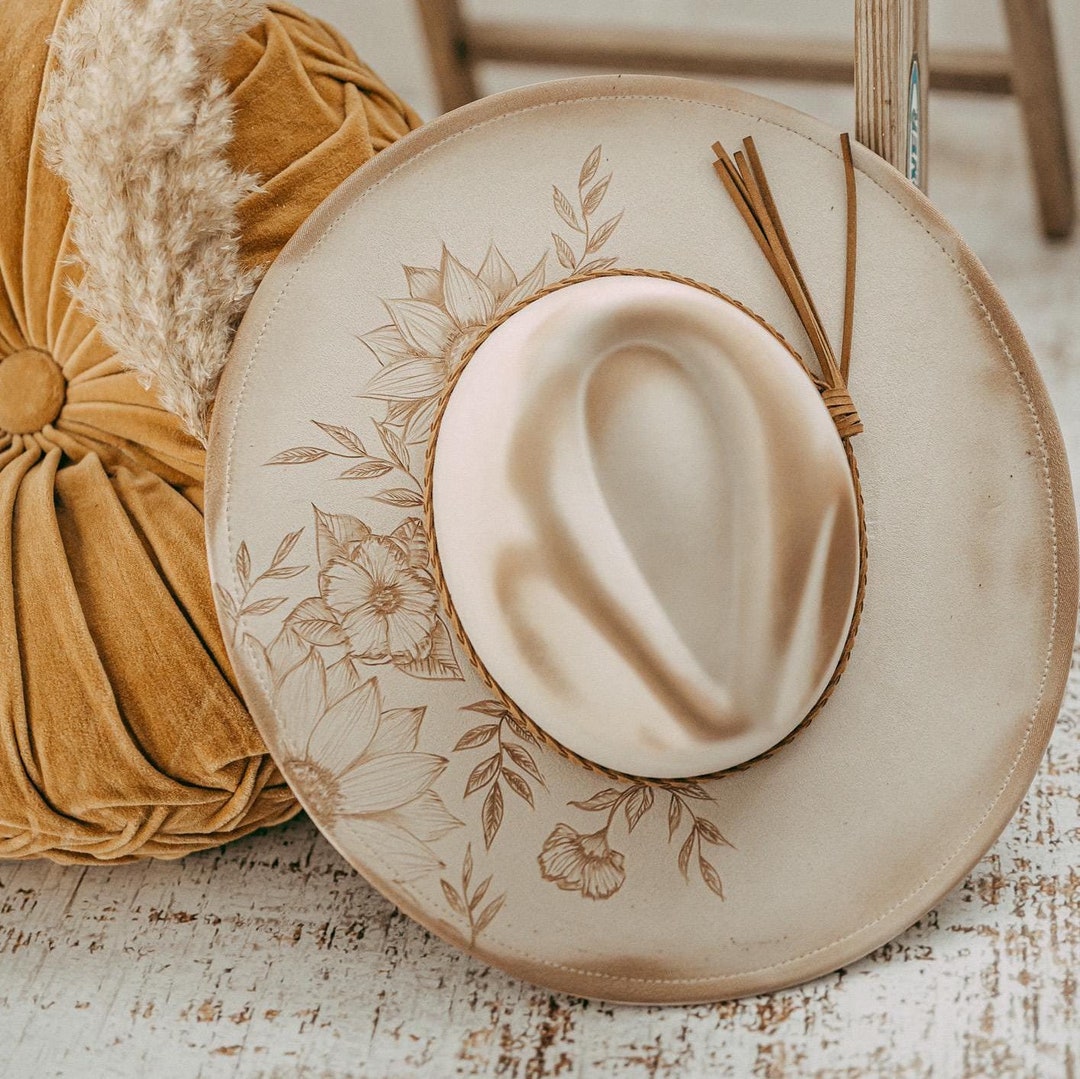 Burned Hat With Pyrography Sunflower and Floral Design | Wide Brim or ...
