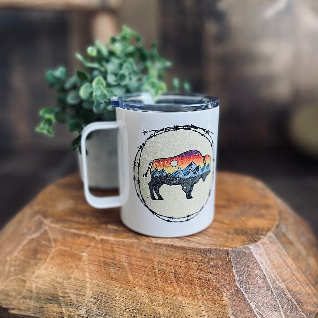 Stainless Steel Mug With Barbed Wire Bison Design - Buffalo Tumbler - Etsy