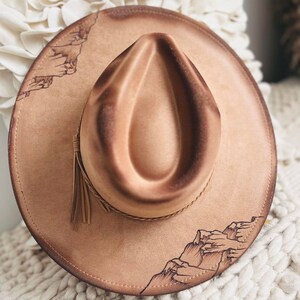 Hat With Burn Design | Mountain Pyrography | Wide Brim or Cowboy Style ...
