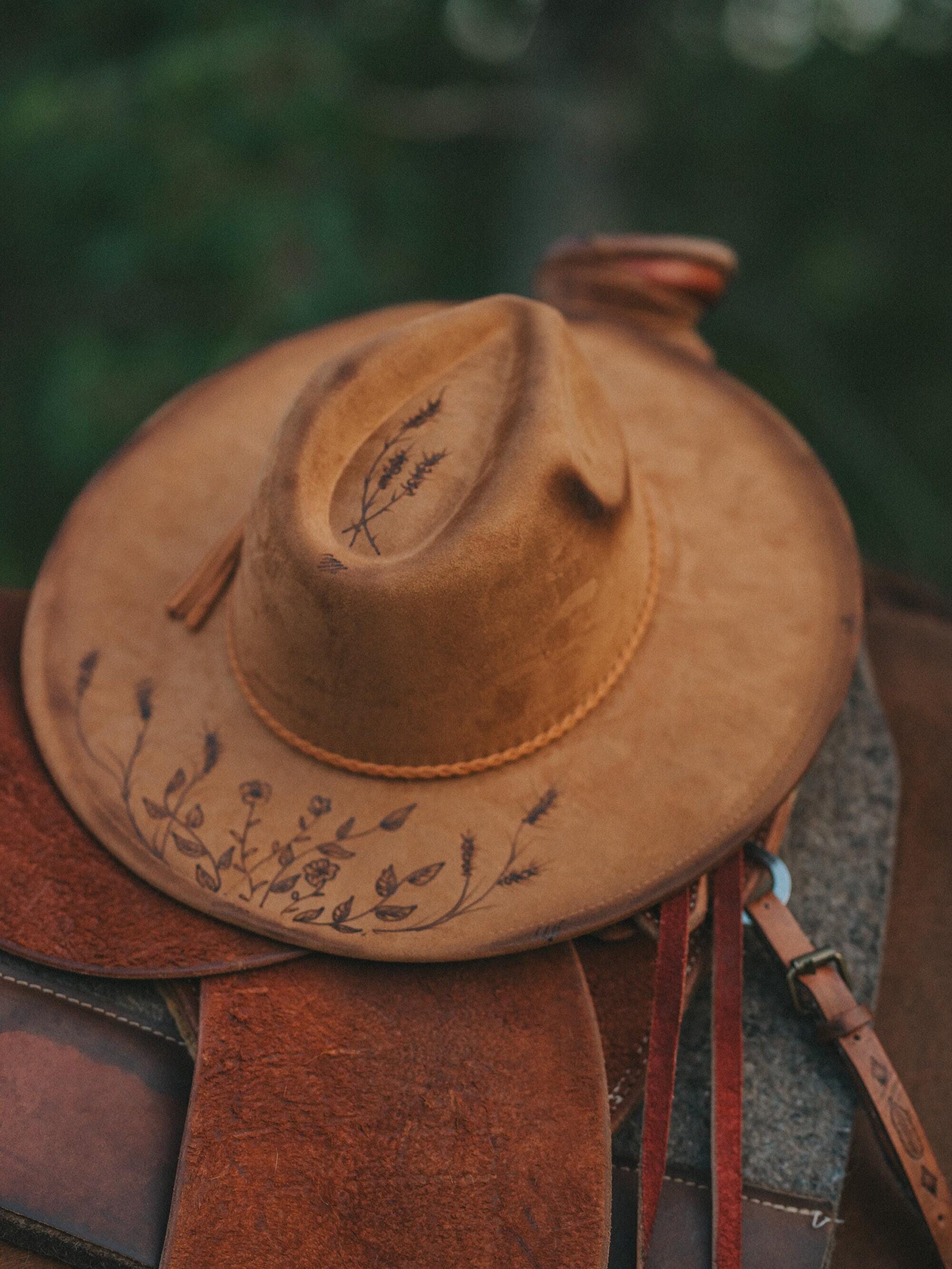 Hand Burned Wheatgrass and Floral Design Hat | Western Cowgirl Suede ...