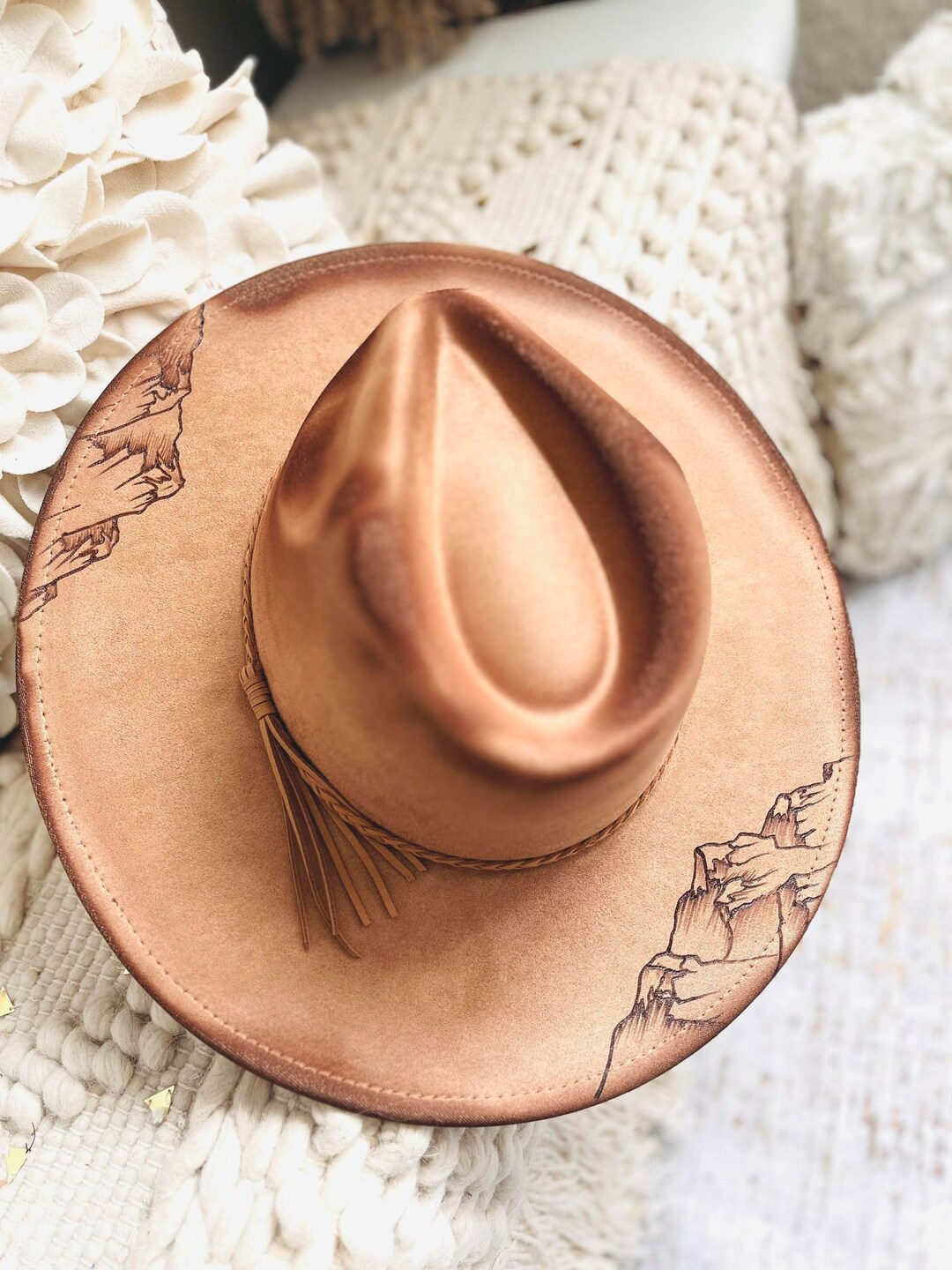 Hat With Burn Design | Mountain Pyrography | Wide Brim or Cowboy Style ...