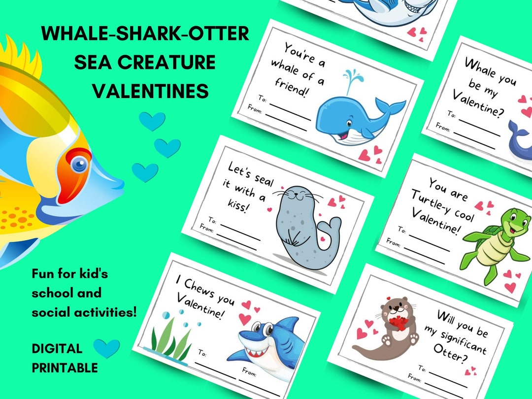 Kid's Valentine's Cards Marine Life Valentines - Etsy