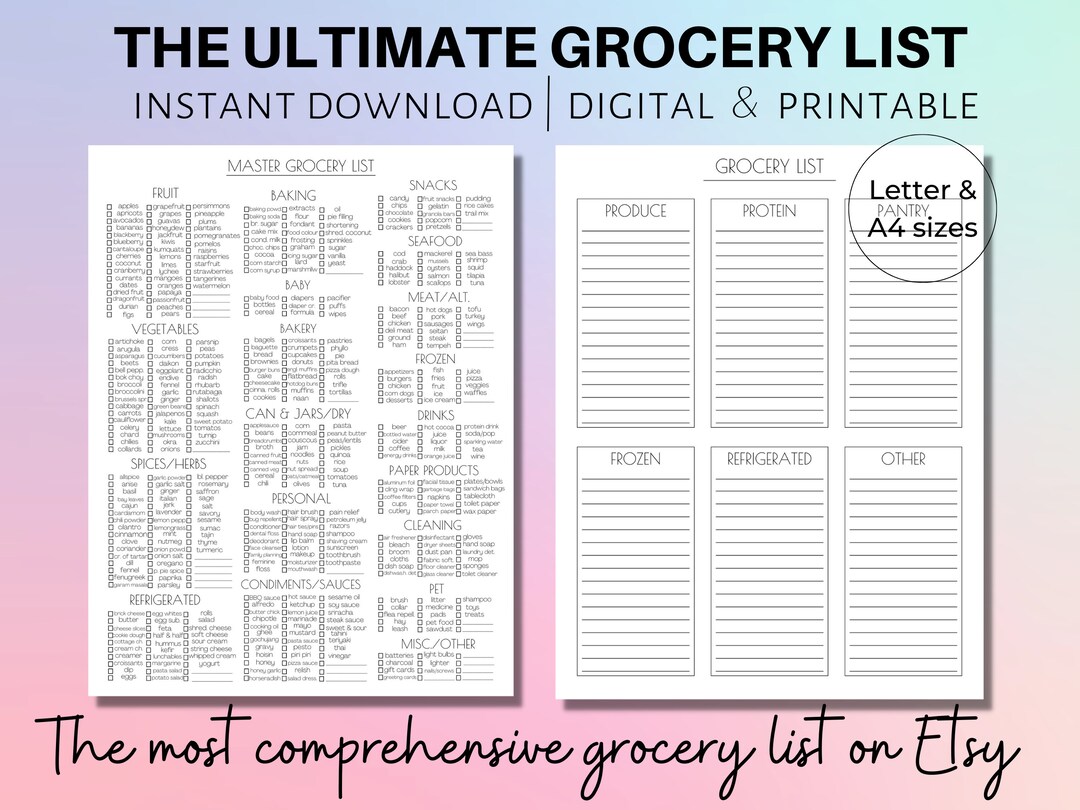 Printable Master Grocery List, Master Shopping List, Grocery Planner ...