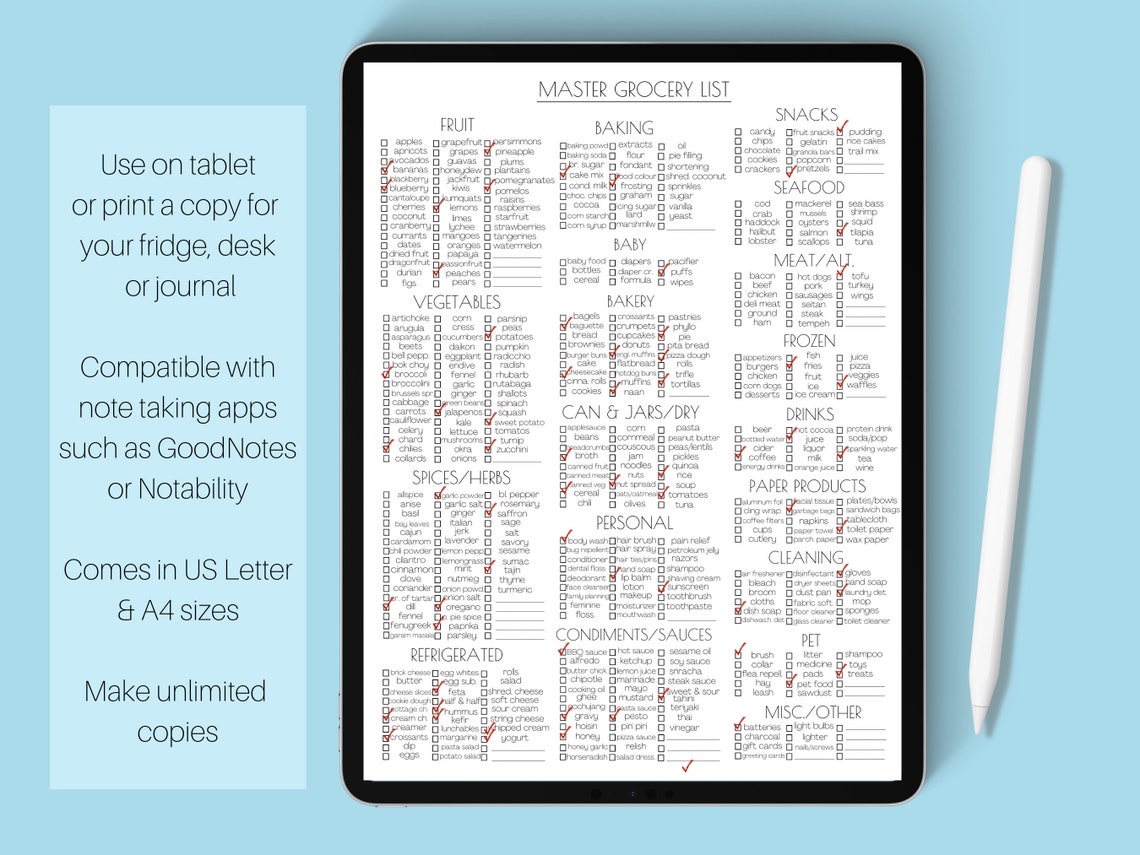 Printable Master Grocery List, Master Shopping List, Grocery Planner ...