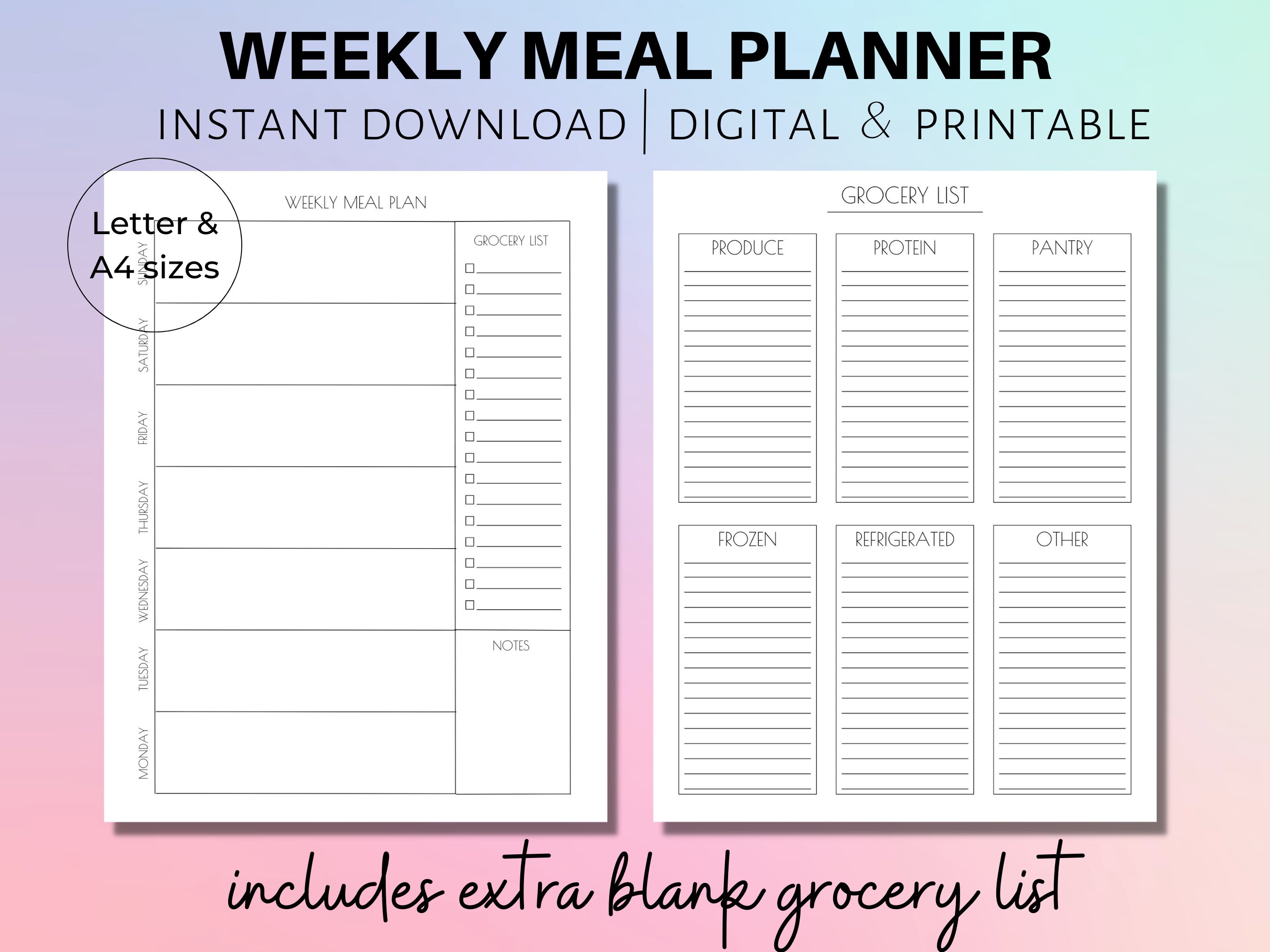 Weekly Meal Planner Weekly Menu Planner Grocery List Template Shopping ...