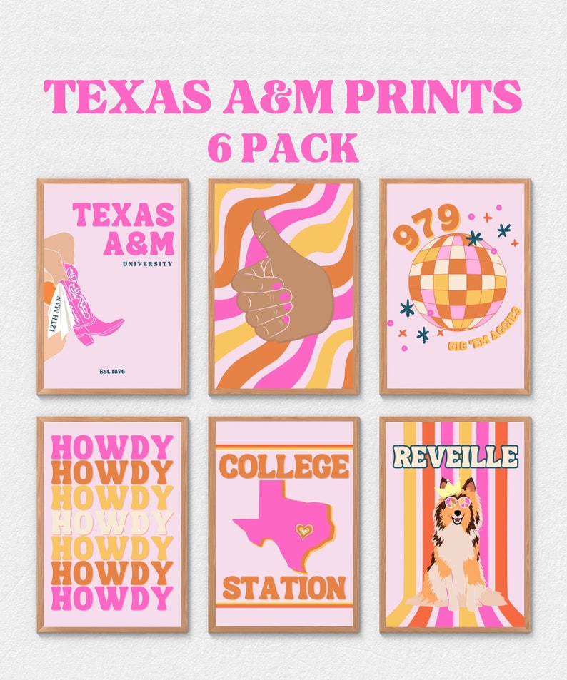 Texas A&M Digital Prints, Retro TAMU Pack, Cute College Station Dorm ...