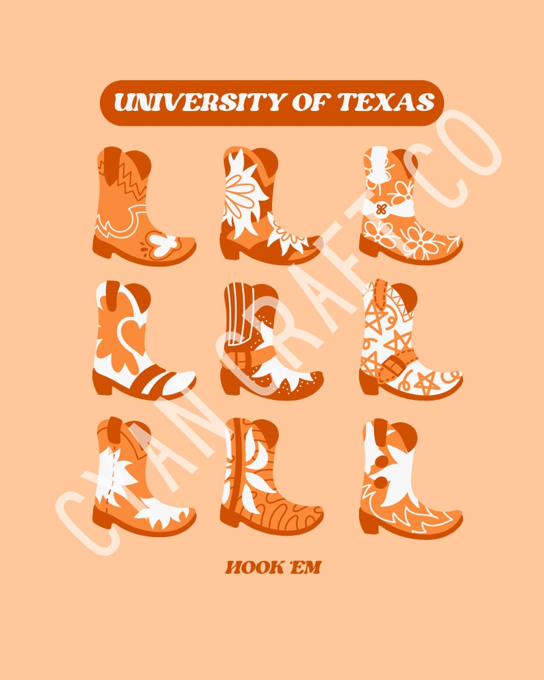University of Texas Boots Digital Prints, Burnt Orange, Austin Prints ...