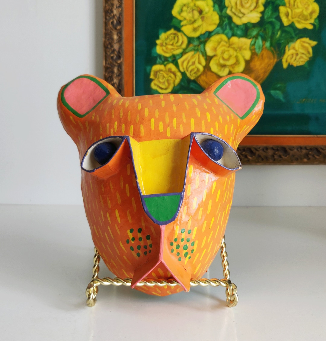 1980s Gina Truex Paper Mache Animal Mask, Orange Ang Green Cheetah, Cat ...