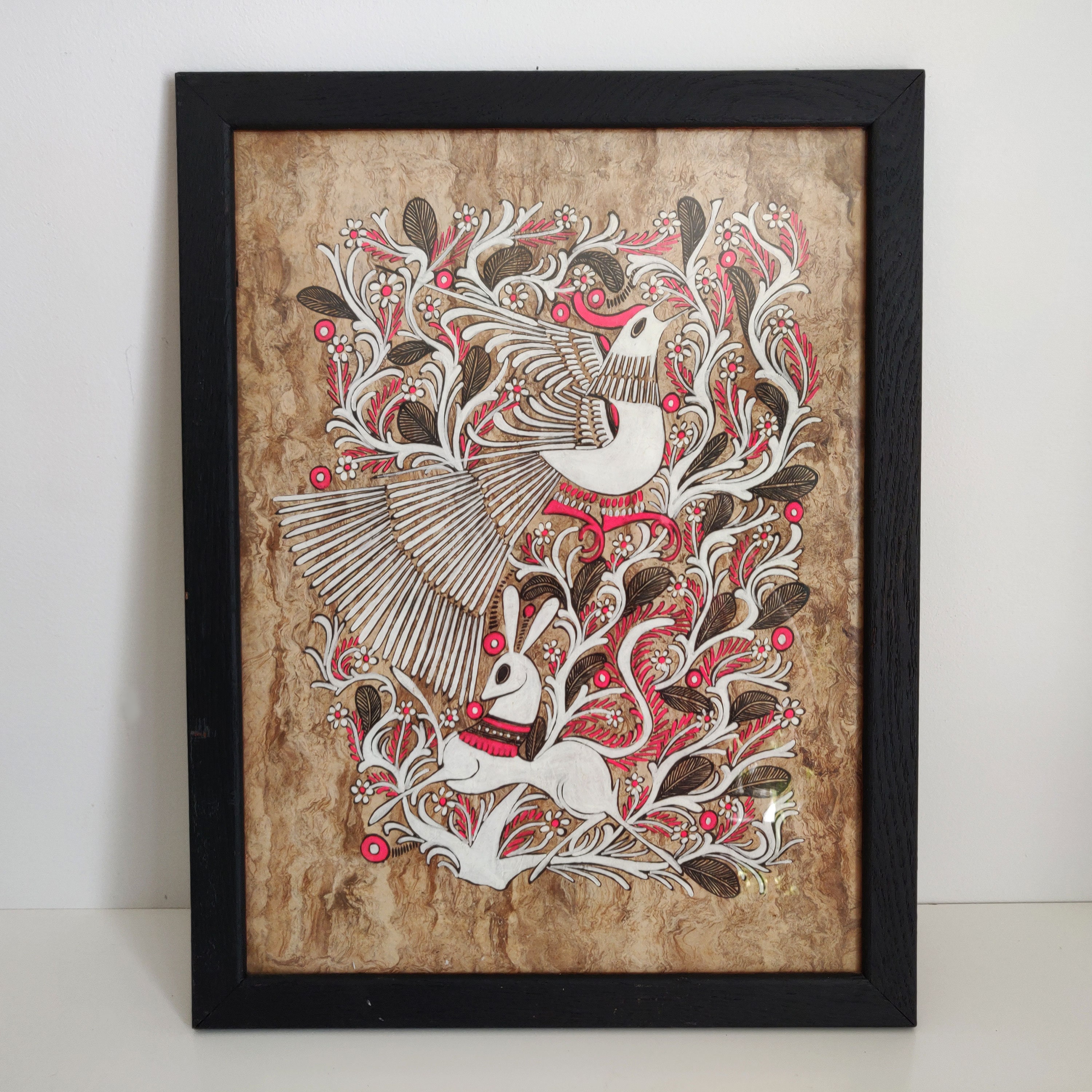 Vintage Amate Bark Painting, Pink, White and Black Mexican Folk Art ...