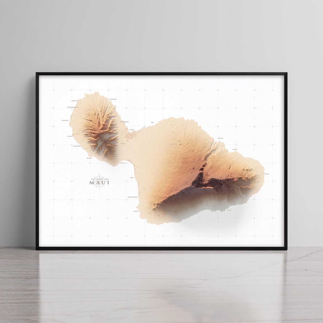 Maui Island Elevation Map – Shaded Relief Map Print, Printable Digital ...
