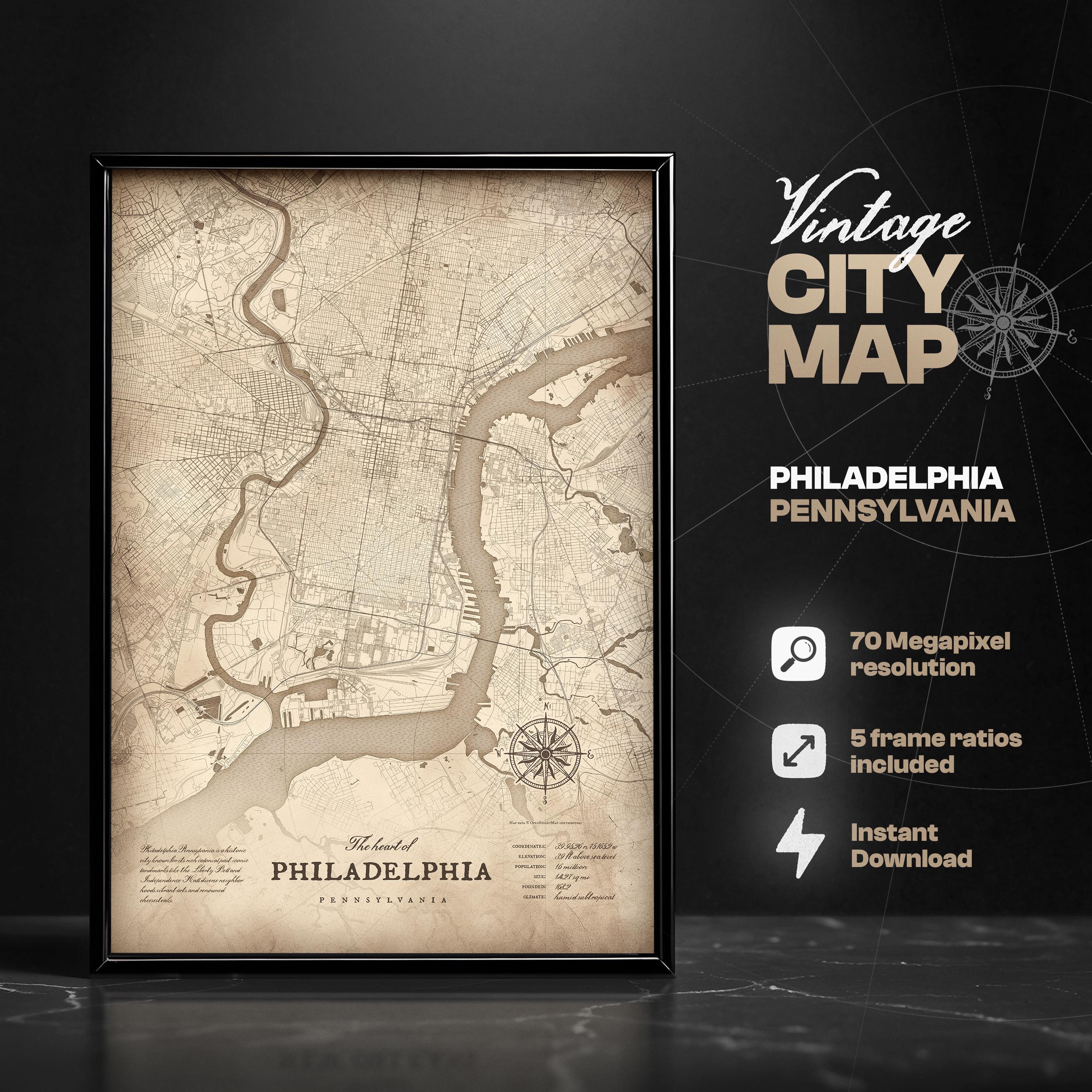 Philadelphia Vintage City Map Digital Print, Map of Philadelphia ...