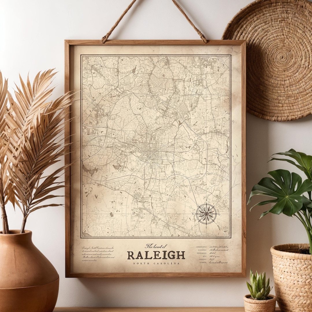 Raleigh Vintage City Map Digital Print, North Carolina, Map of Raleigh ...