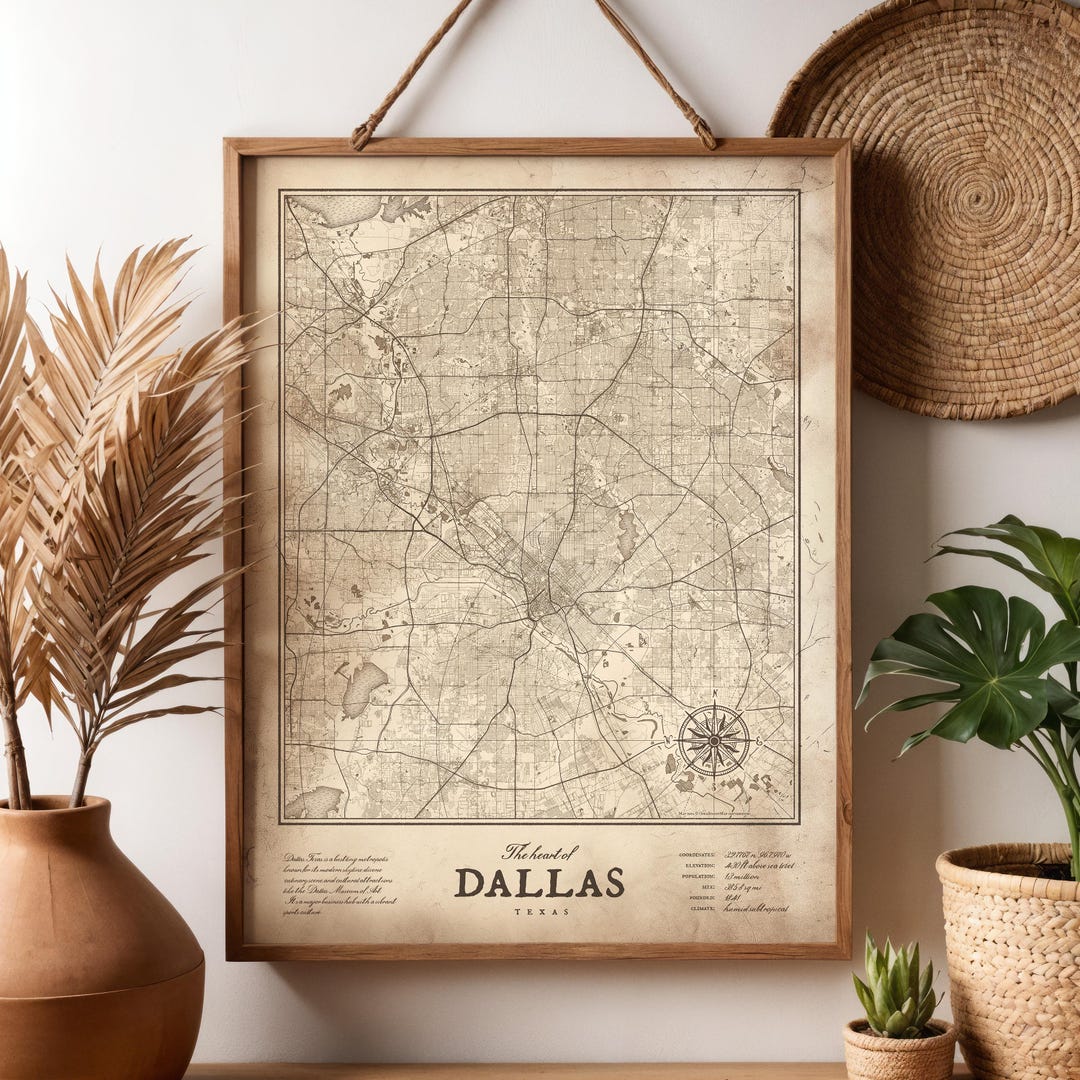 Dallas Vintage City Map Digital Print, Map of Dallas, Texas, Map Print ...