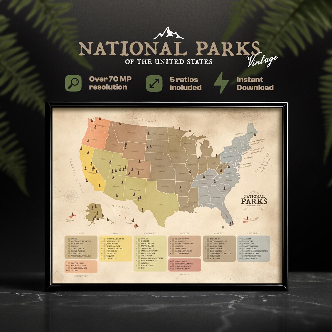 USA National Parks Map Poster: Hiker's Checklist, Adventure Wall Art ...