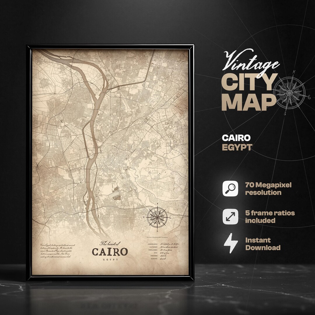 Cairo Vintage City Map Digital Print, Map of Cairo, Egypt, Map Print ...