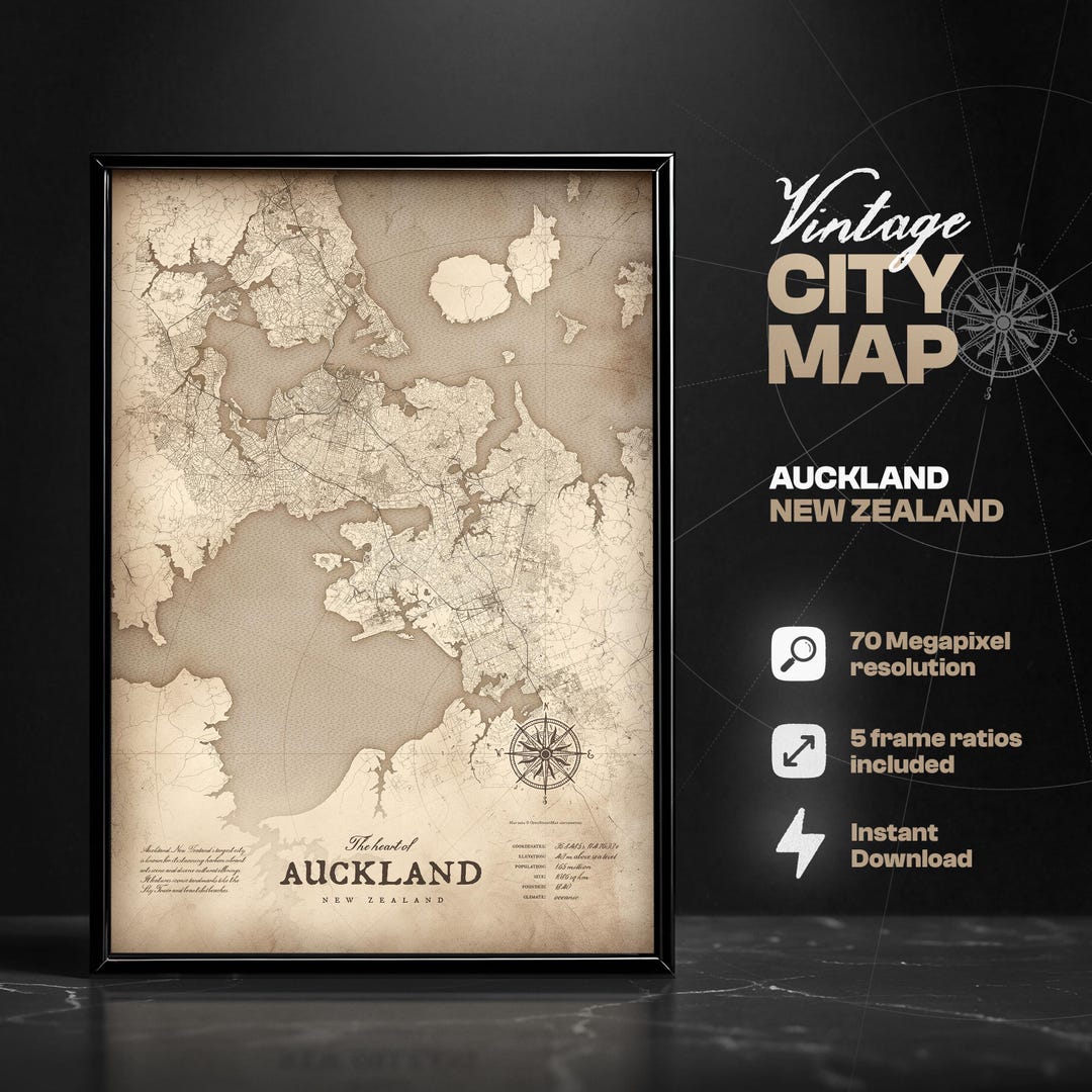 Auckland Vintage City Map Digital Print, Map of Auckland, New Zealand ...