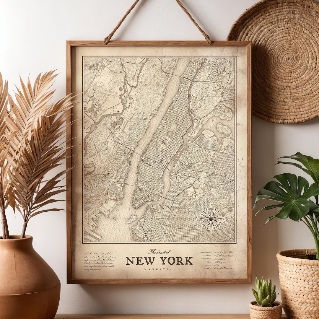 New York Vintage City Map Digital Print, Map of Manhattan, NYC, Map ...