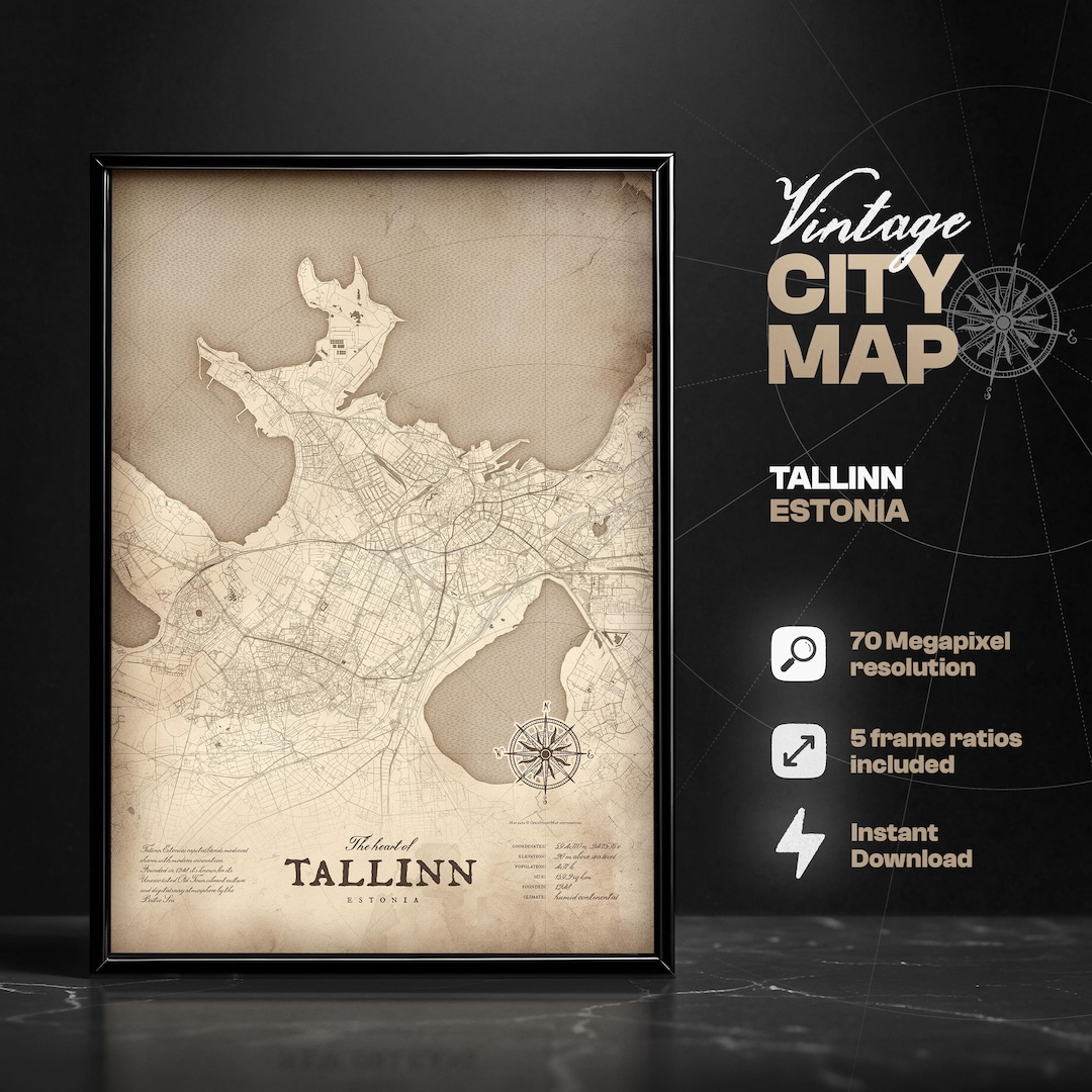 Tallinn Vintage City Map Digital Print, Map of Tallinn, Estonia, Map ...