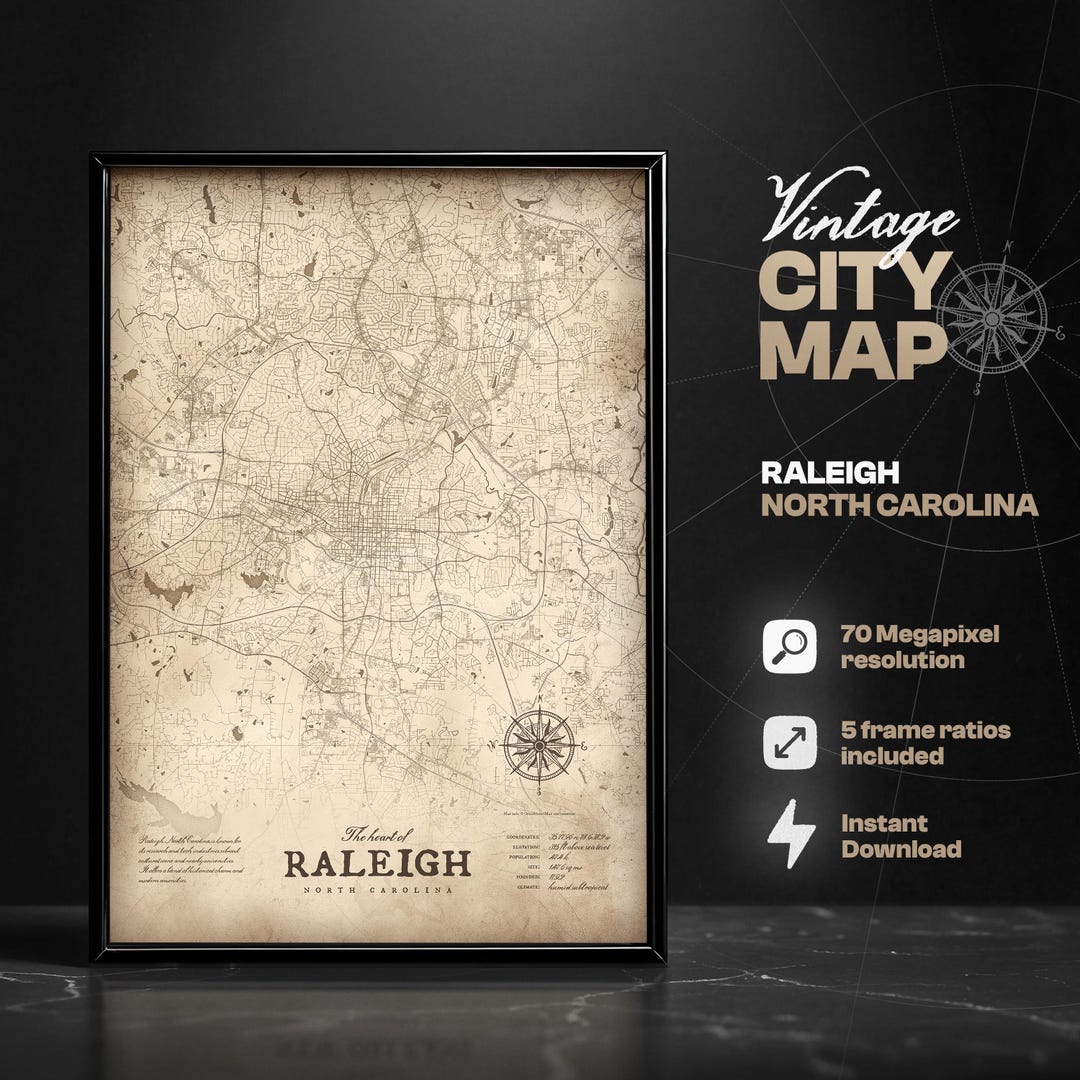 Vintage Raleigh City Map Art Print, North Carolina (digital Download ...