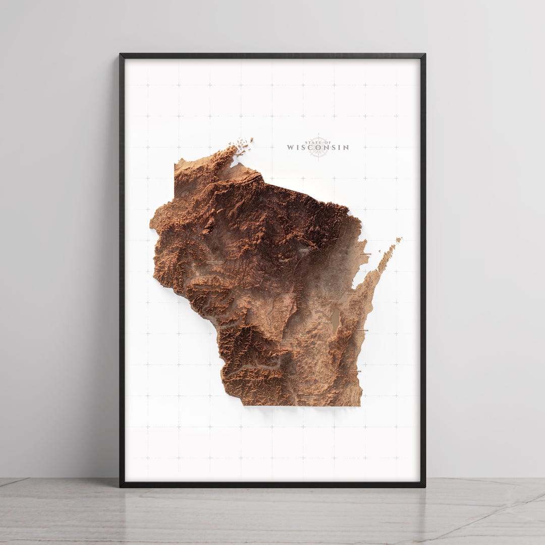 Wisconsin Topographic Map Print, Shaded Relief, Minimalist Art (digital ...