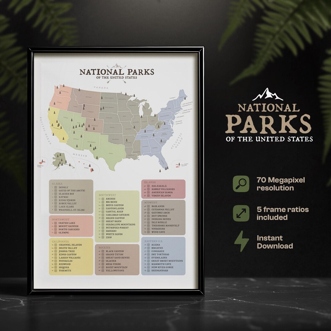 USA National Parks Map Checklist – 63 US National Parks Poster for ...