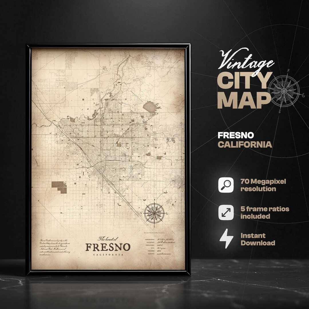 Fresno Vintage City Map Digital Print, California, Map Print, Home ...