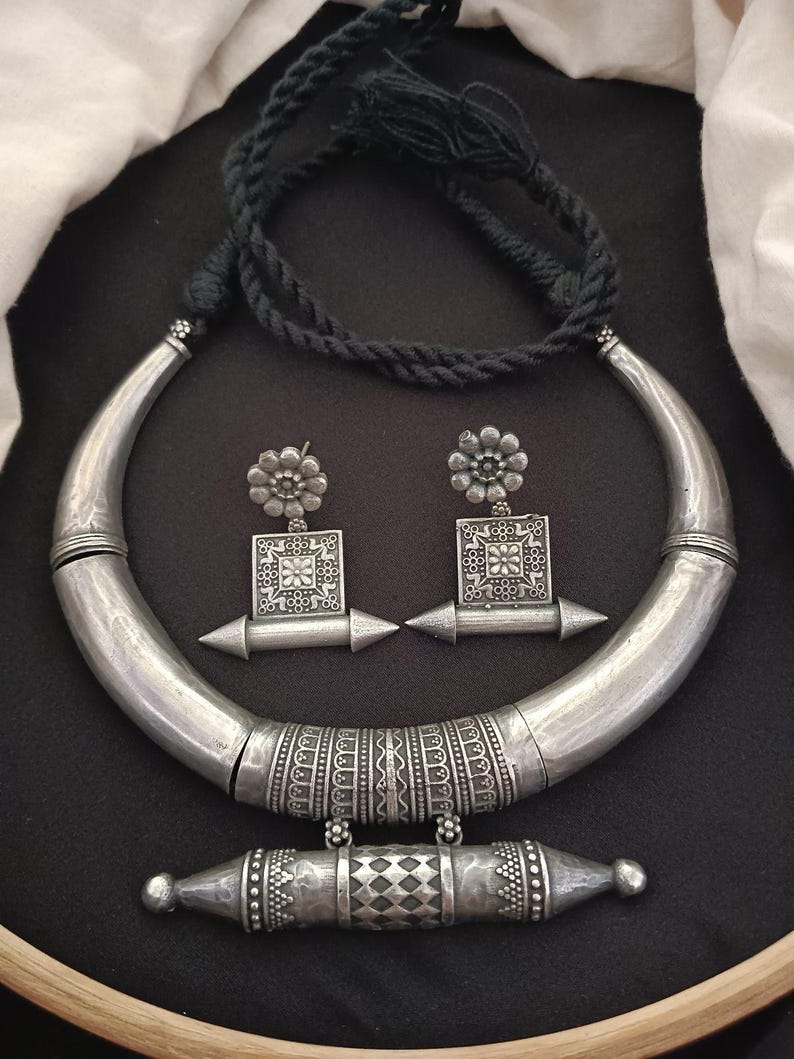 Vintage Style Oxidized Hasuli Set: Tribal Indian Jewelry With Earrings ...