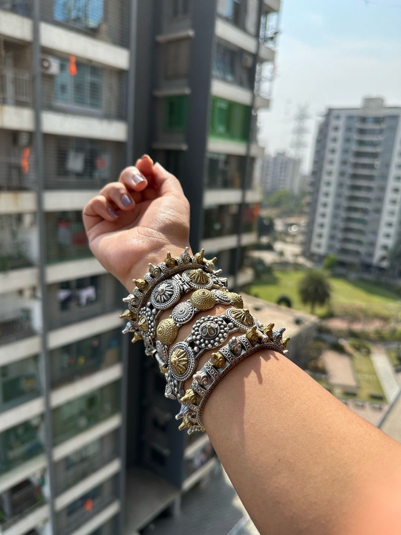 Dual Tone Silver Oxidized Bangle Bracelet for Women Openable Screw ...