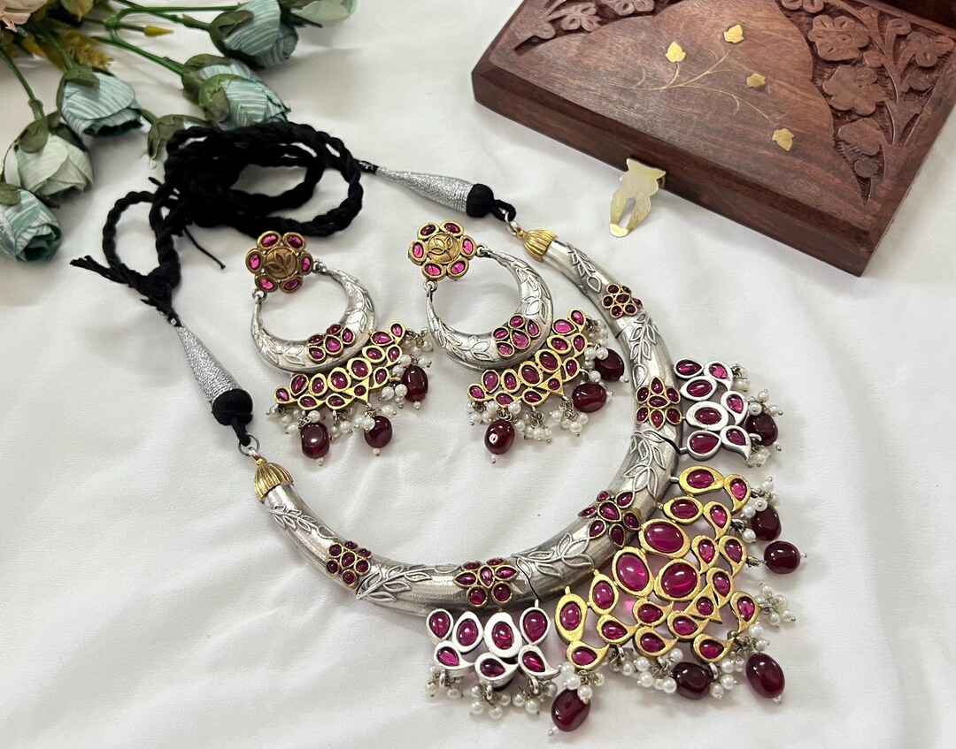 Silver Hasli/ Fusion Hasli/ Dual Tone Hasli / Stone Studded Necklace ...