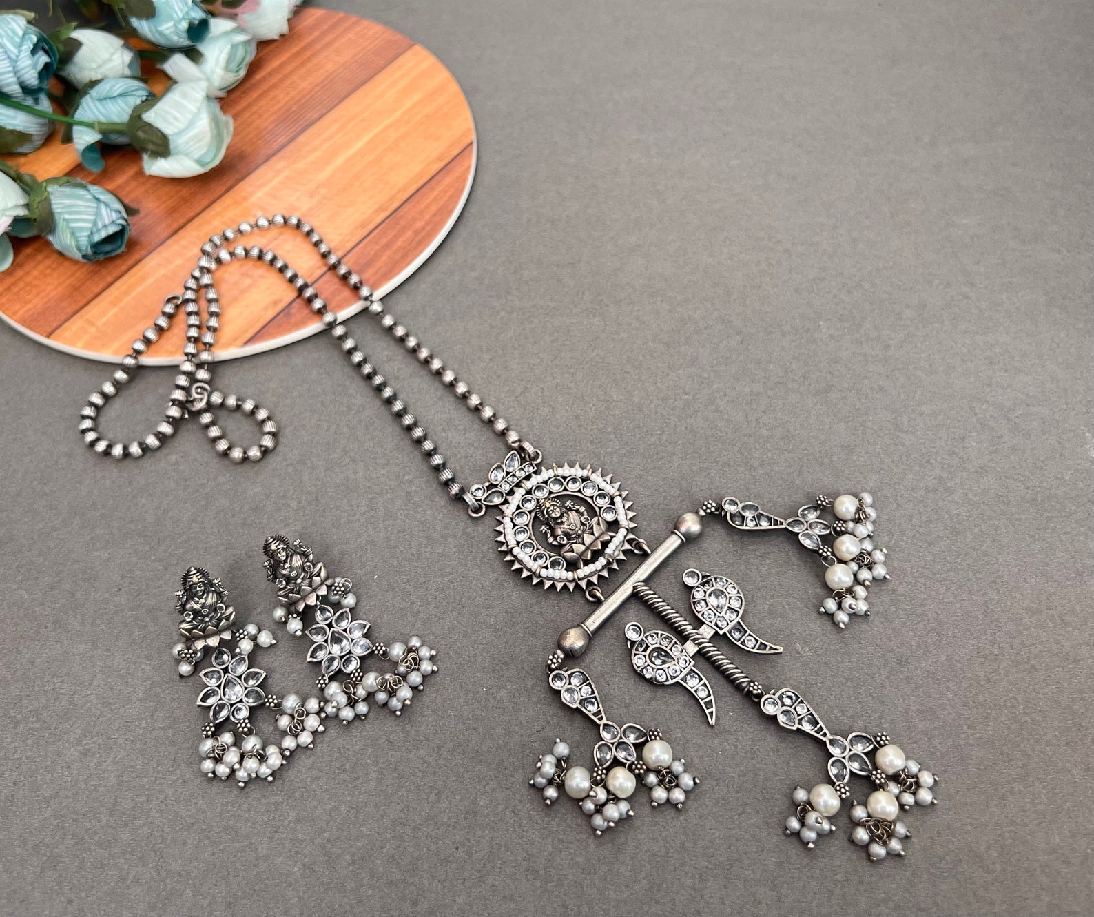 Silver Replica Indian Jewelry Set: Stone Studded Ethnic Necklace ...