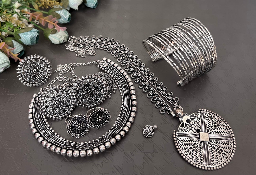 Oxidized Silver Jewelry Set: Indian Necklace, Earrings, Bangles, Ring ...