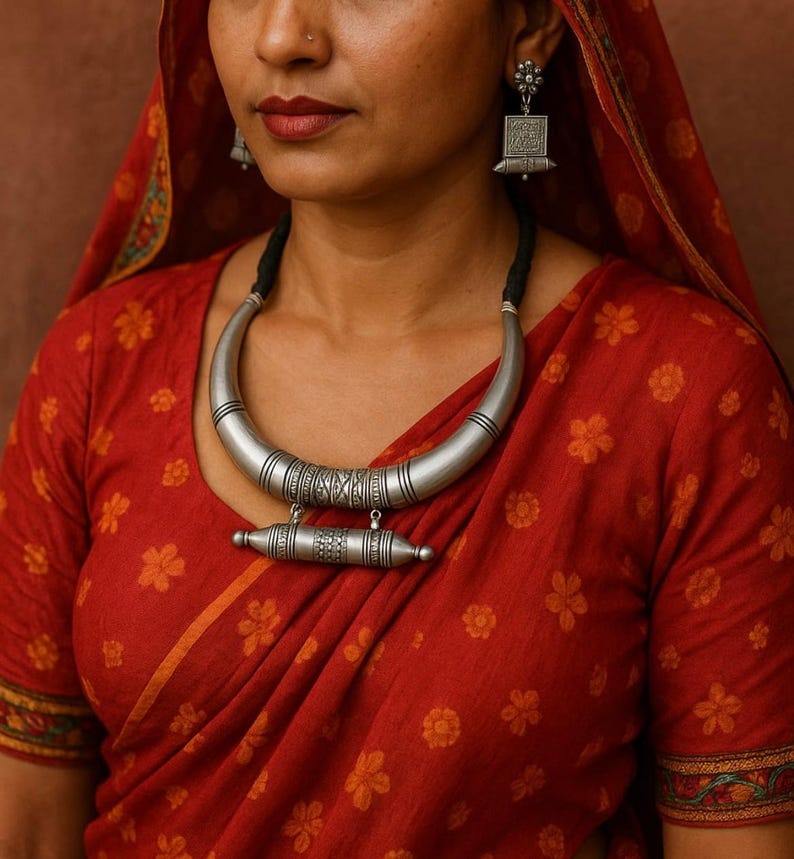 Vintage Style Oxidized Hasuli Set: Tribal Indian Jewelry With Earrings ...