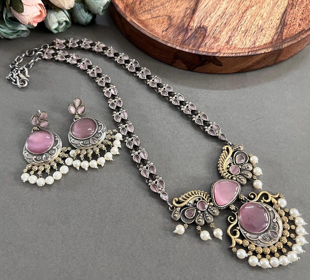 Vintage Dualtone Stone Pendant Necklace & Earrings Set: Boho Indian ...