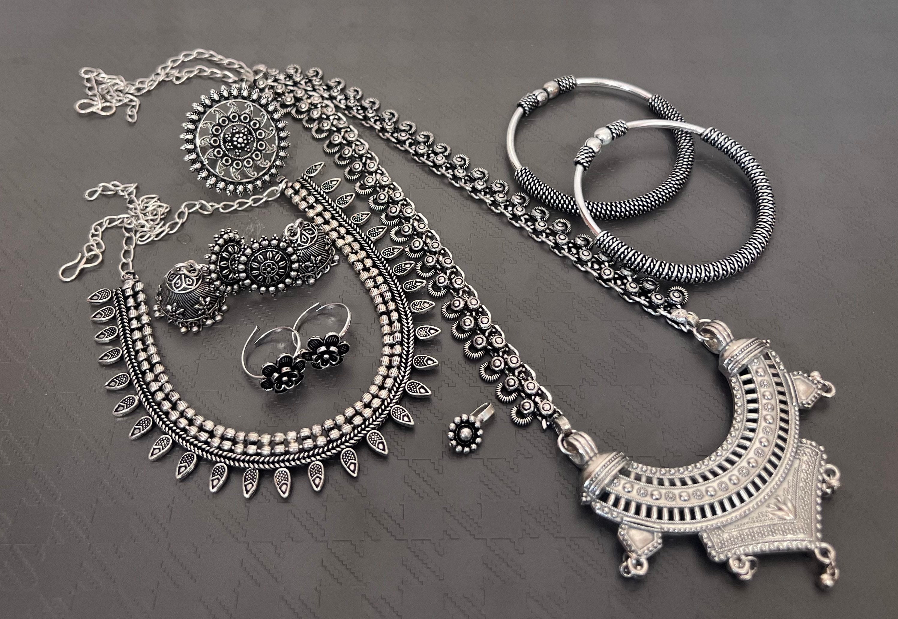 Oxidized German Silver Jewelry Set: Indian Necklace, Temple Jewelry - Etsy
