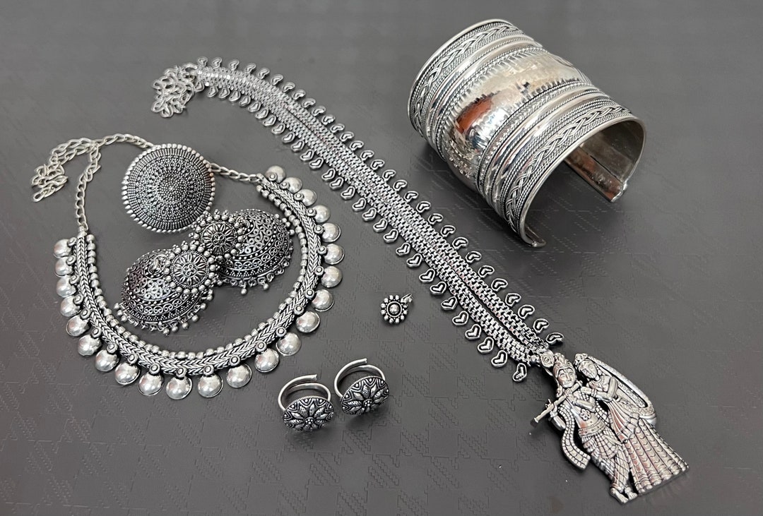 Oxidised Jewellery Set of 7, Foxxie Choker With Long Necklace, German ...