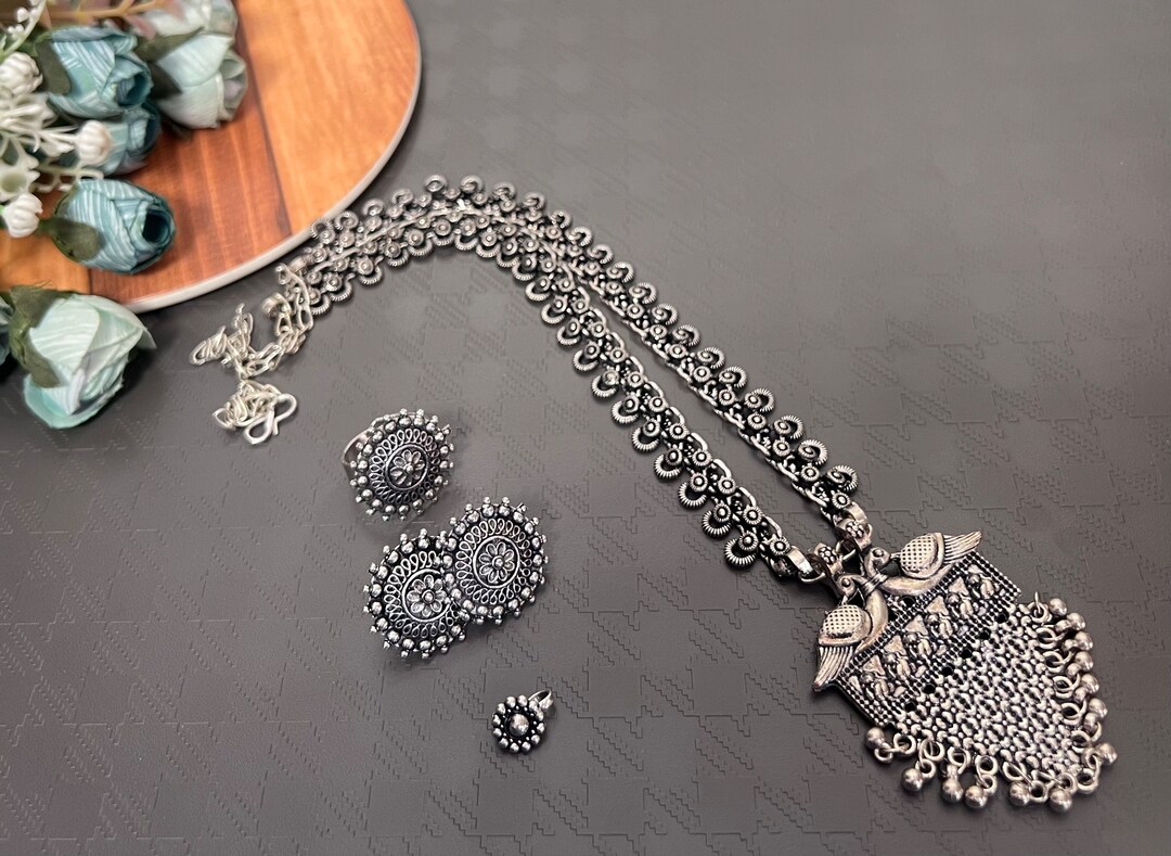 jewellerybyvintage Oxidised German Silver Jewellery Set of 4 Indian Jewelry Traditional Long Necklace Temple Kemp jewlery oxidized for Women Ethnic Hot Selling