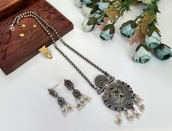 Silver Oxidized Long Necklace Set silver Look Alike Long Necklace Necklace Jewelry Indian SLA Necklace Etsy