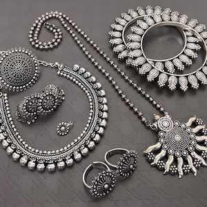 jewellerybyvintage Oxidised Jewellery Set of 7 with Long Necklace German Silver Jewellery Kolhapuri Oxidised set Indian Silver Choker Set