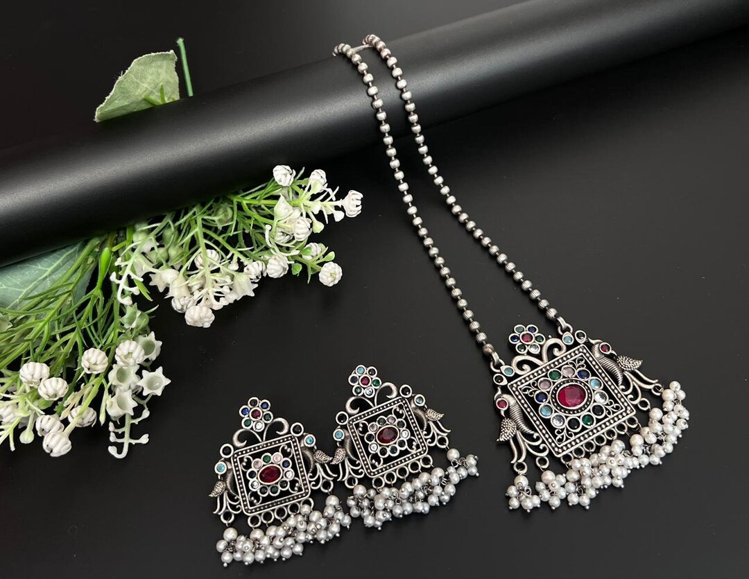 Vintage Indian Ethnic Silver Replica Stone Stud Long Jewelry Set ...