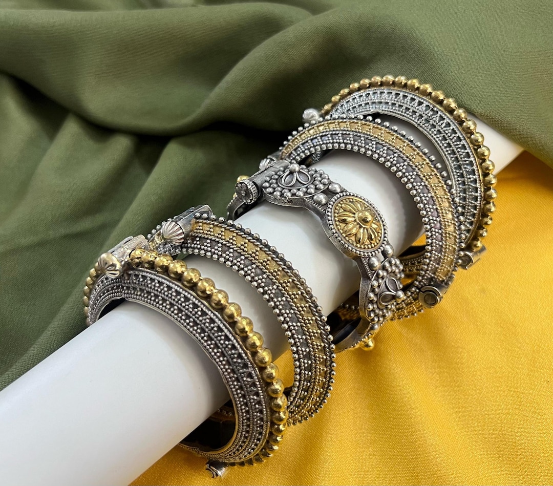 Oxidized Silver Kada Bangle Set of 5: Dual Tone Ethnic Bangles - Etsy