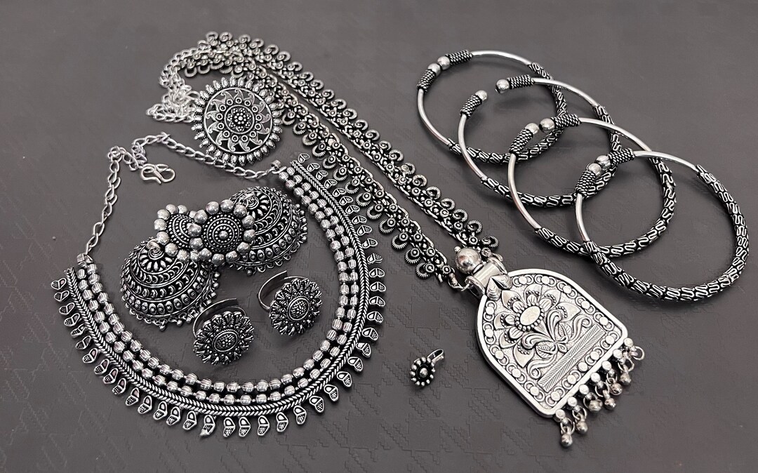 Oxidized Silver Plated Jewelry Set: Necklace, Earrings, Bangles & Ring ...