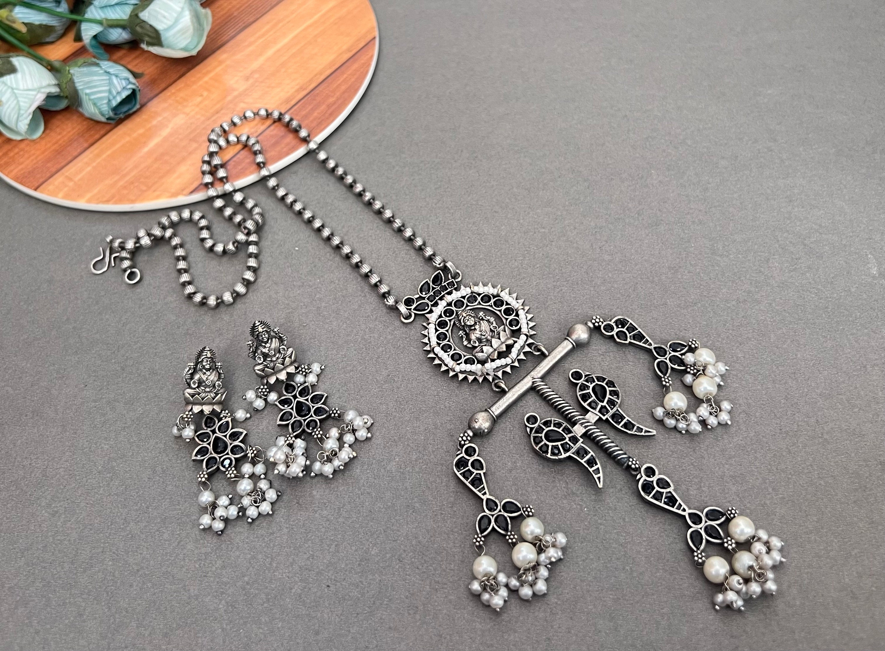 Indian Ethnic Silver Replica Stone Studed Long Jewelry Set, Indian ...